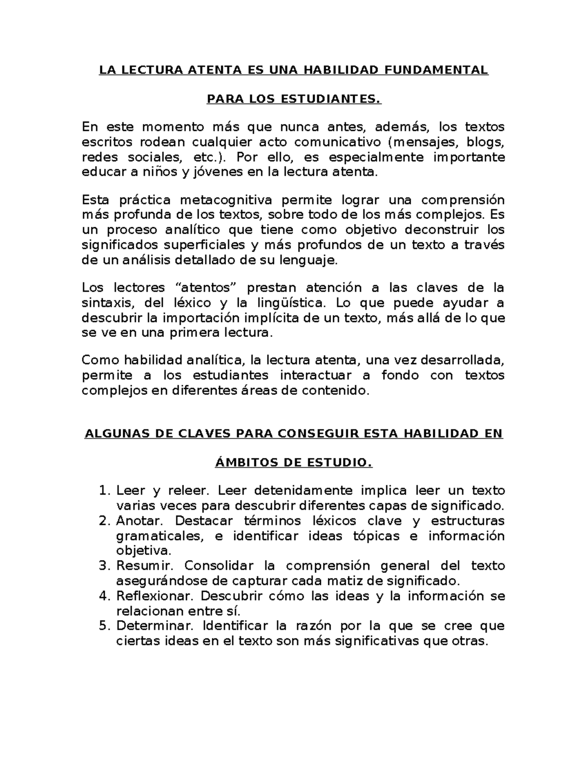 LA LECTURA ATENTA: HABILIDAD CLAVE PARA ESTUDIANTES EN EL ESTUDIO - Studocu
