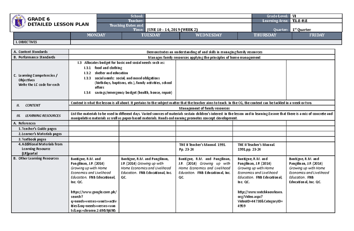 DLL TLE-HE 6 Q1 W2 - Detailed Lesson Plan on Budgeting Family Resources ...