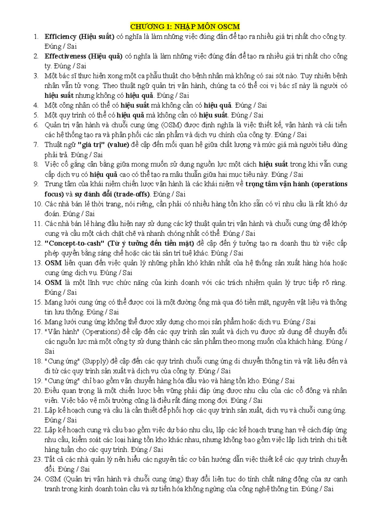 CHƯƠNG 1: NHẬP MÔN OSCM - Câu hỏi và Đáp án Ôn tập - Studocu