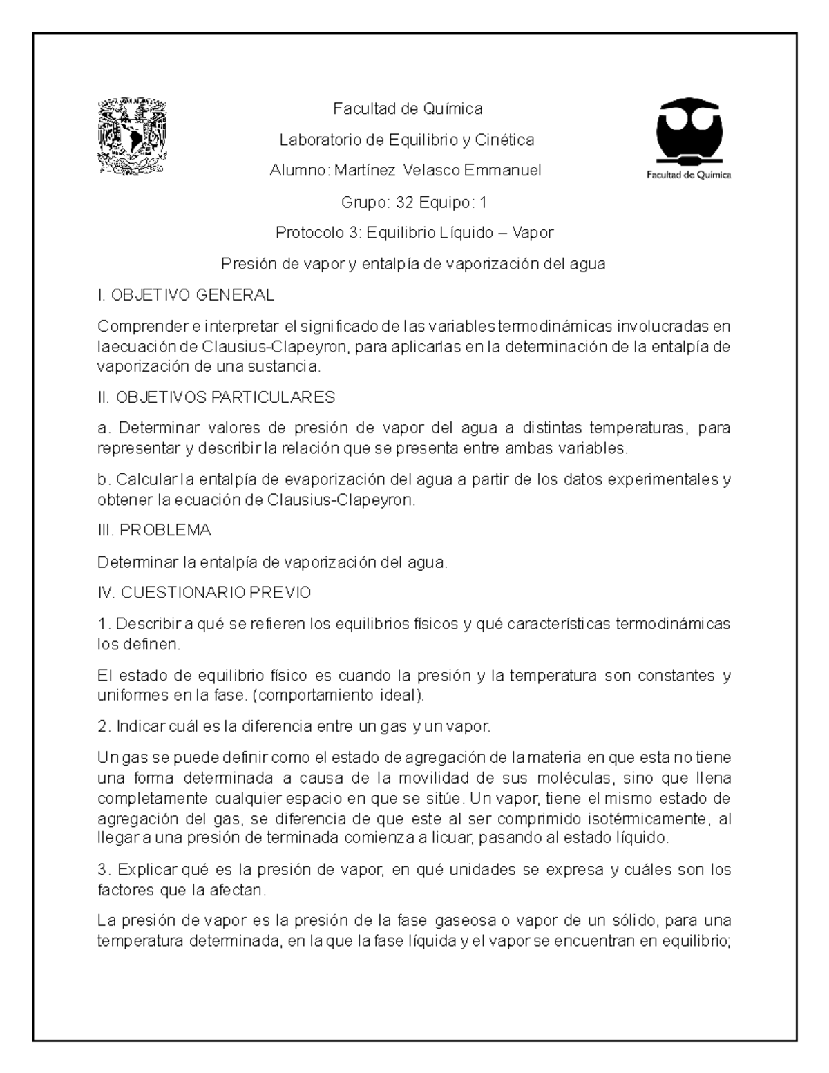 Protocolo 3: Equilibrio Líquido - Vapor en Química 32 - Studocu