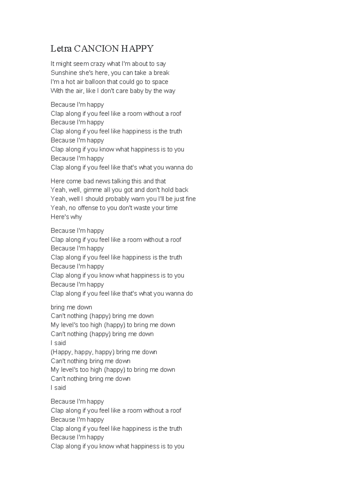 Letra de la Canción "HAPPY" para Aprender Inglés - Studocu