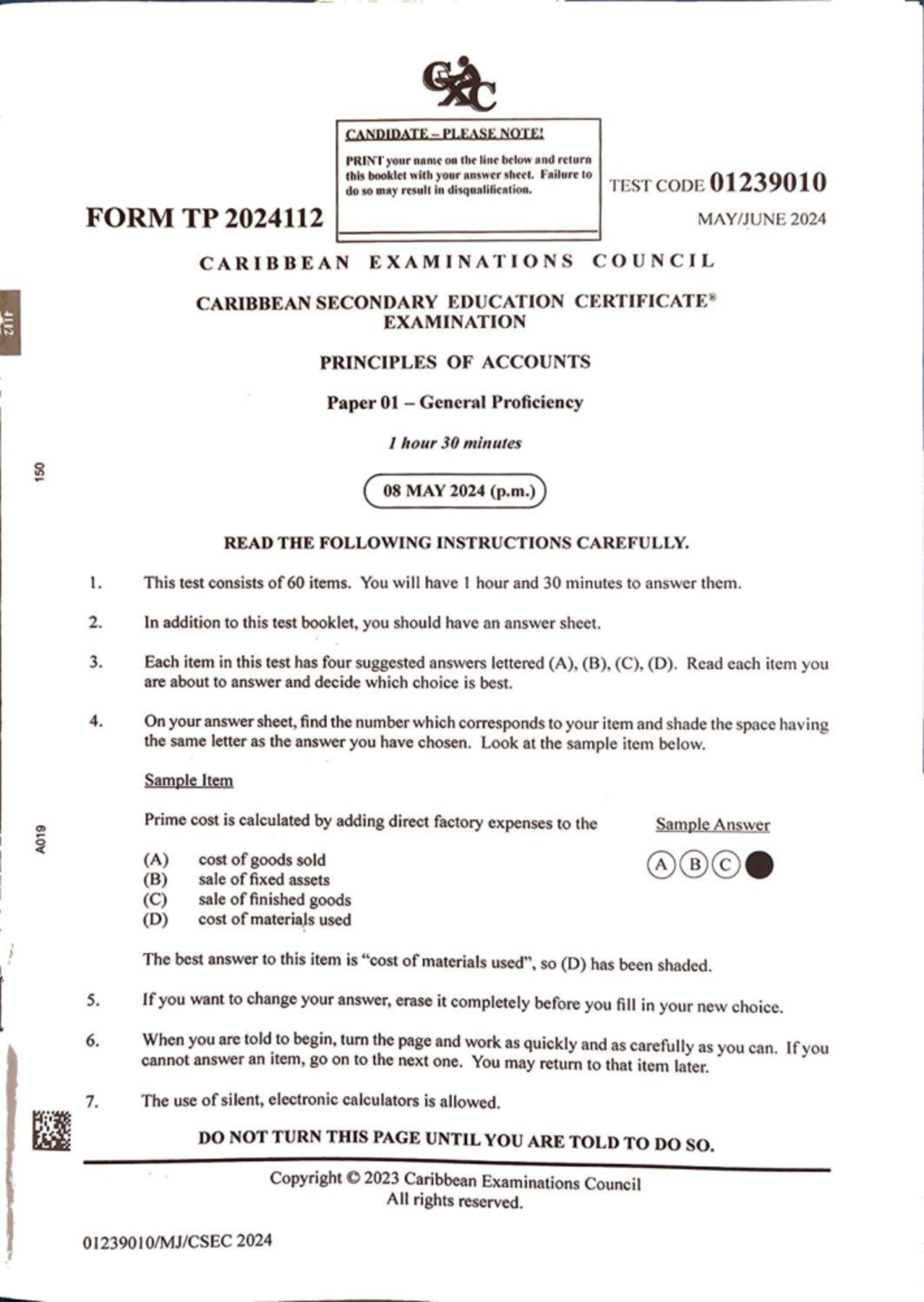 2024 CSEC Principles of Accounts Paper 01 Solutions (May/June) - Studocu