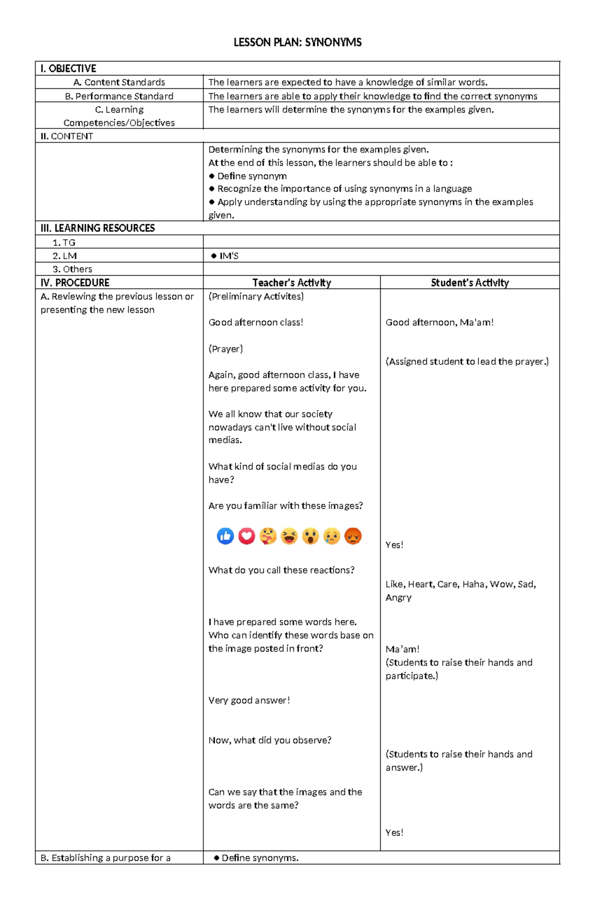LESSON PLAN: SYNONYMS - ENG 1A Class Activities and Objectives - Studocu