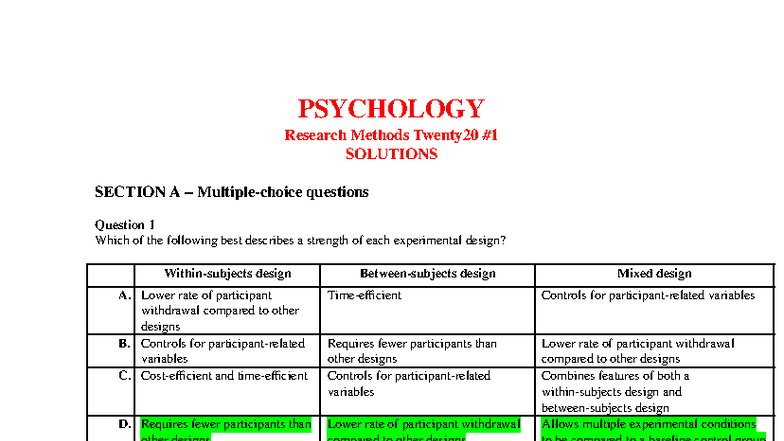 PSYCHOLOGY Research Methods 20/30 Prac Questions Solutions - Studocu