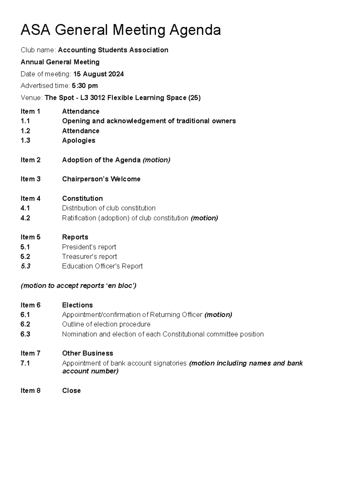Updated Agenda ASA - dfvd - ASA General Meeting Agenda Club name ...