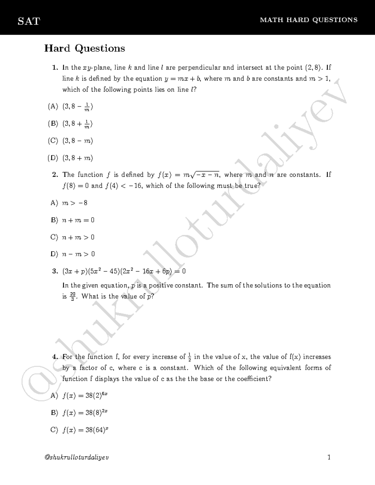 SAT MATH HARD QUESTIONS (165 Real Exam Questions) - Studocu