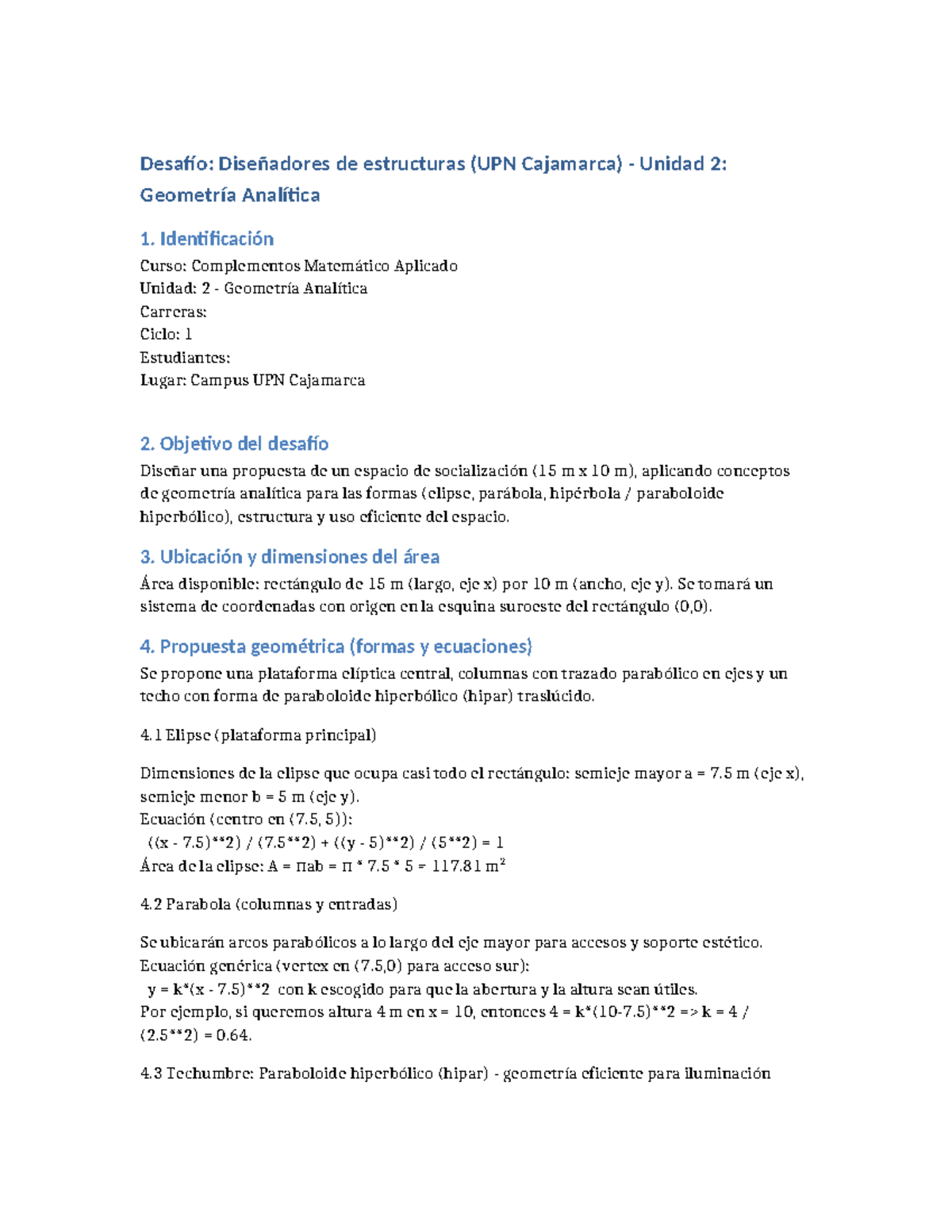 Tarea de Diseño Estructural: Geometría Analítica (UPN Cajamarca) - Studocu