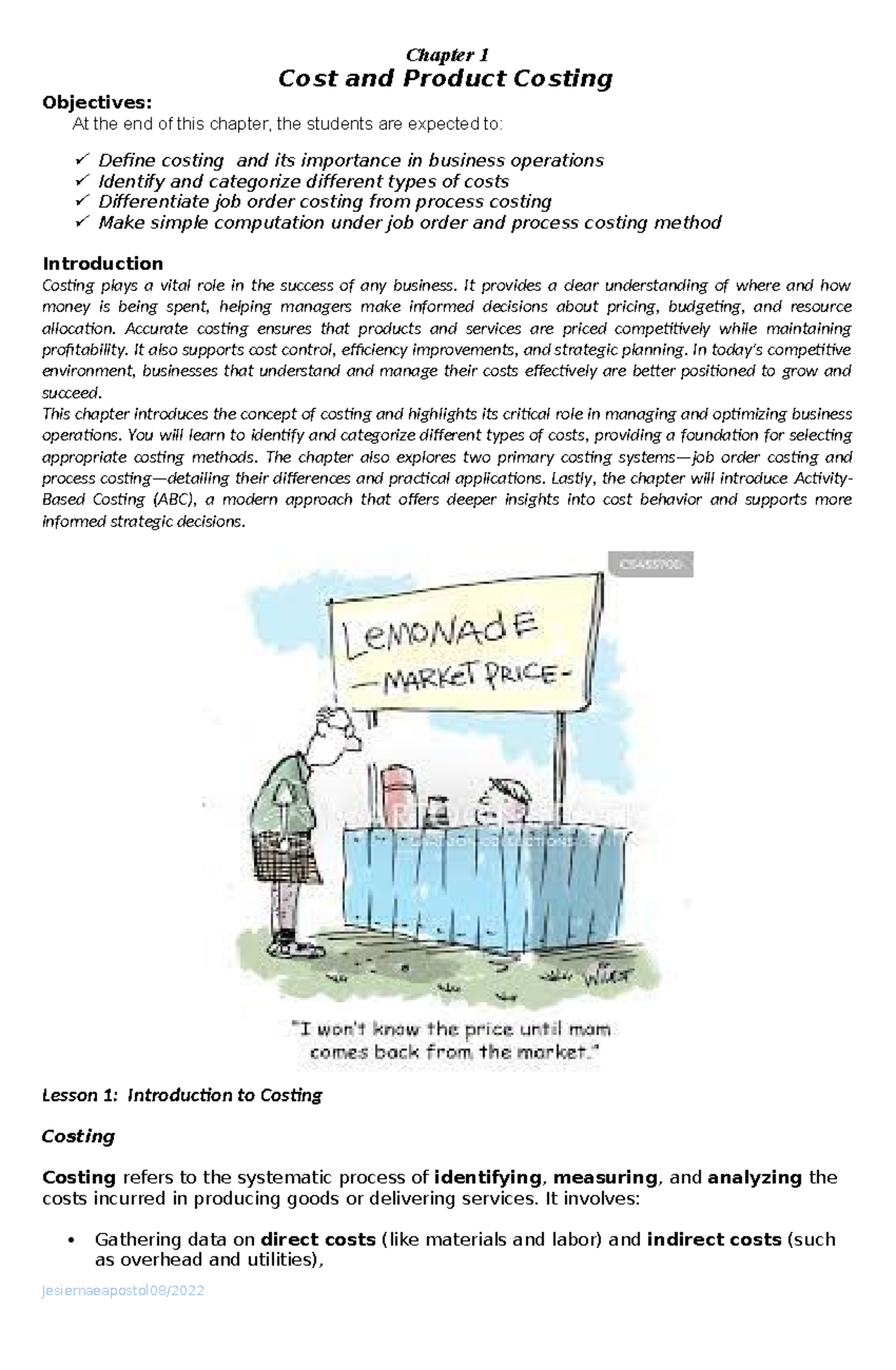 Costing and Pricing Module: Chapter 1 Overview and Objectives - Studocu