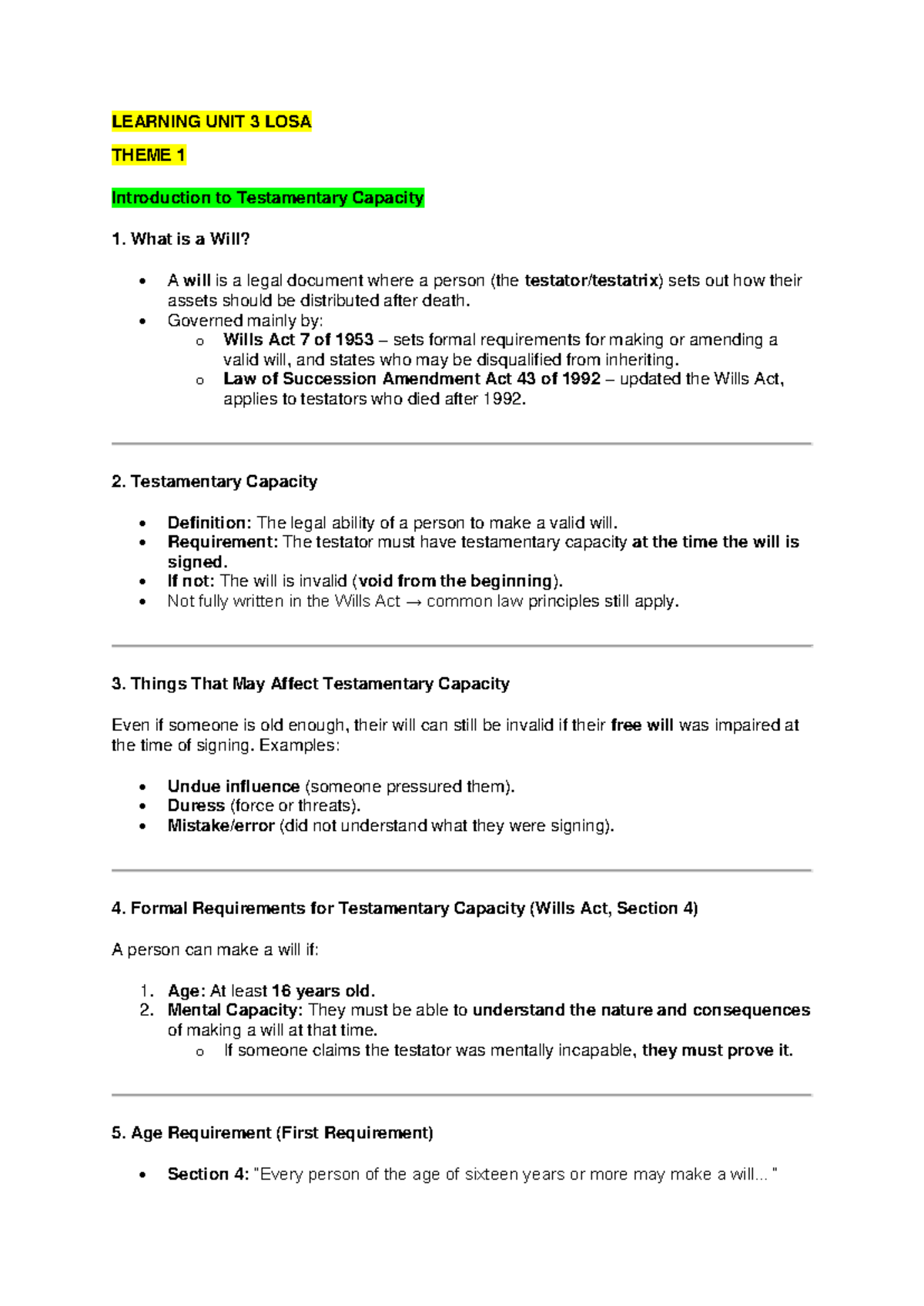 Learning Unit 3 LOSA: Overview of Testamentary Capacity and Wills - Studocu