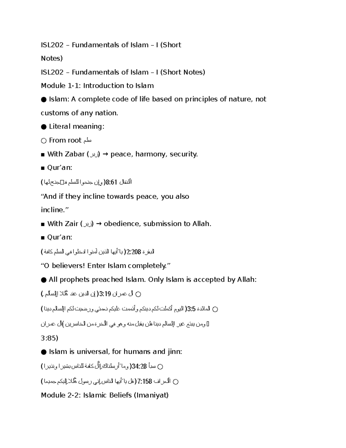 ISL202 – Fundamentals of Islam – I (Concise Study Notes) - Studocu