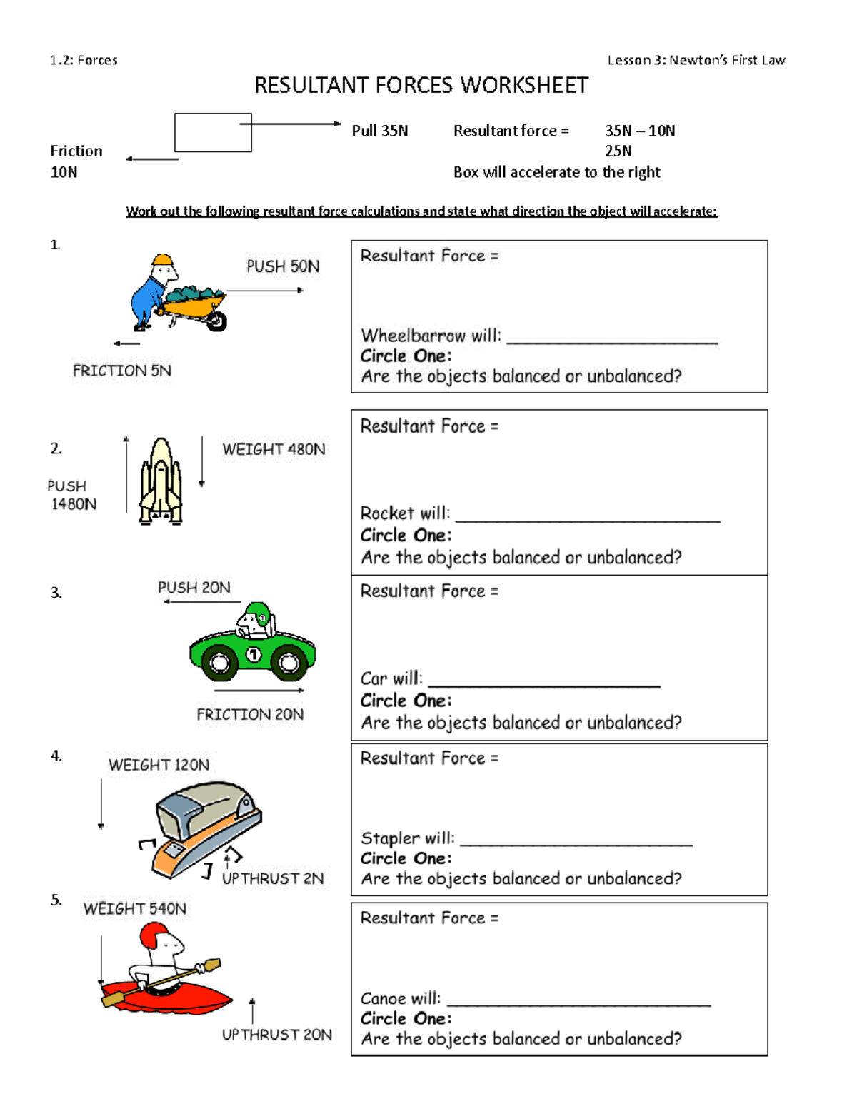 1.2: Forces Lesson 3 - Resultant Forces Worksheets (Newton's 1st Law ...