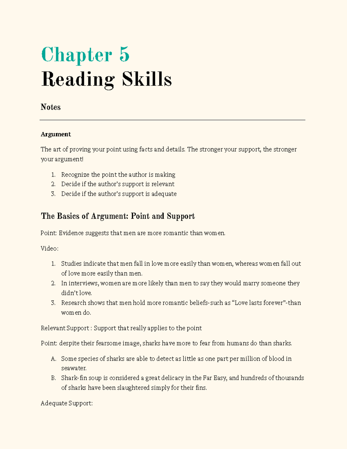 Chapter 5 Reading Skills - Chapter 5 Reading Skills Notes Argument The ...