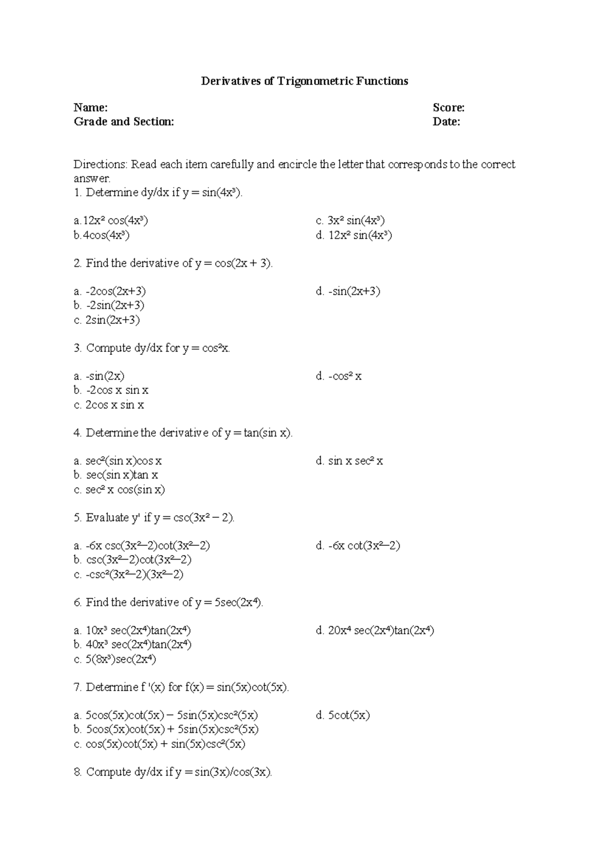 MCQs on Derivatives of Trigonometric Functions (MATH 101) - Studocu