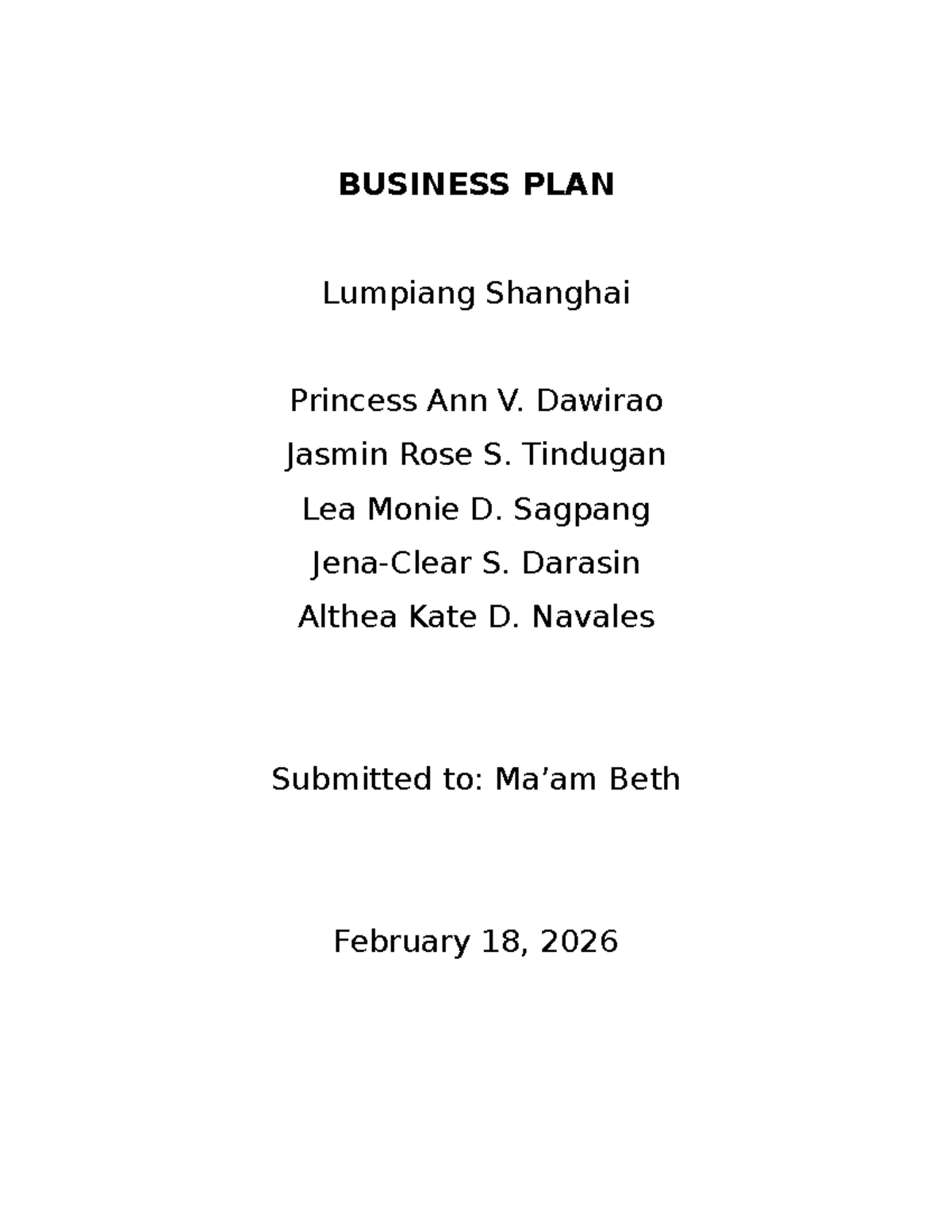 BUSINESS PLAN: Lumpiang Shanghai for BSHM 101 - Final Project - Studocu