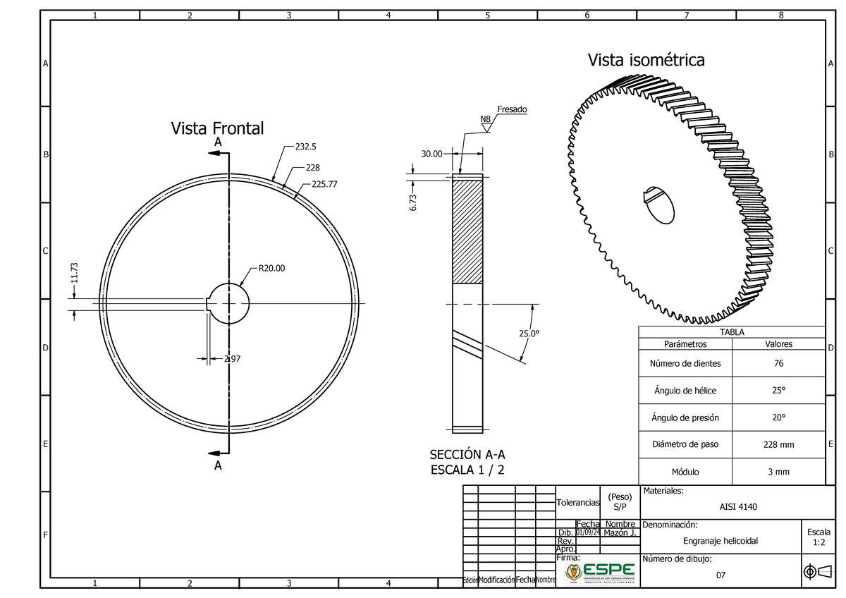 Plano engranaje helicoidal - SECCIÓN A-A ESCALA 1 / 2 A A 5 6 7 8 A B E ...
