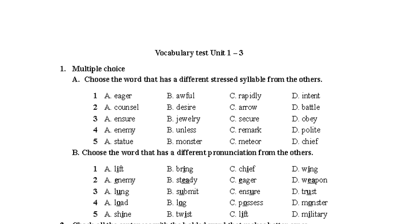 Vocabulary Test Unit 1 - 3: Stressed Syllables & Pronunciation - Studocu