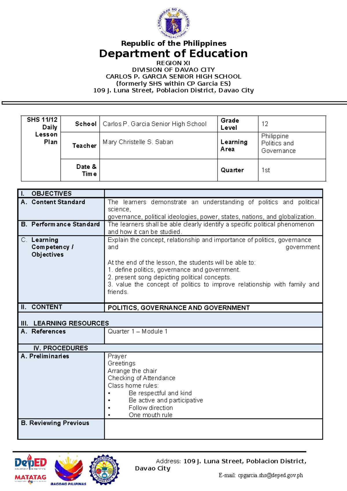 SHS Daily Lesson Plan: Philippine Politics & Governance (Grade 12 ...