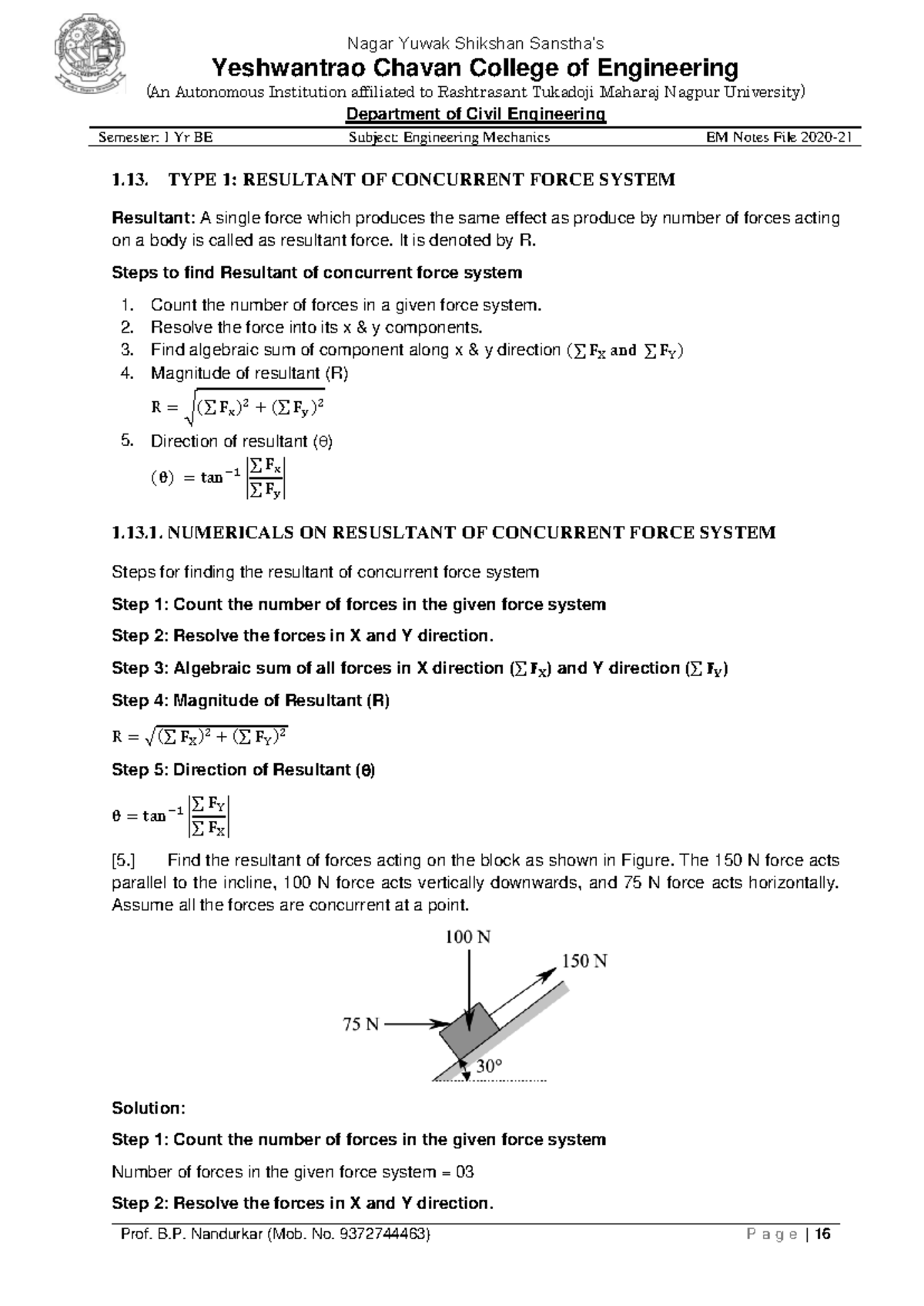 UNIT I Resultant OF Force System - Yeshwantrao Chavan College of ...