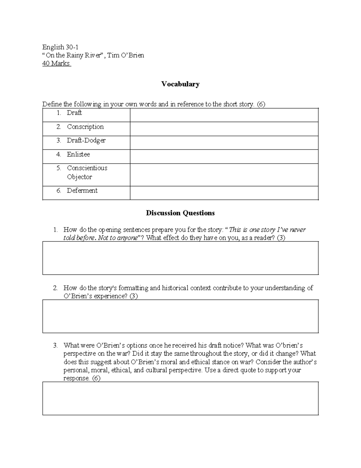 English 30-: Analysis and Discussion of "On the Rainy River" (V3) - Studocu