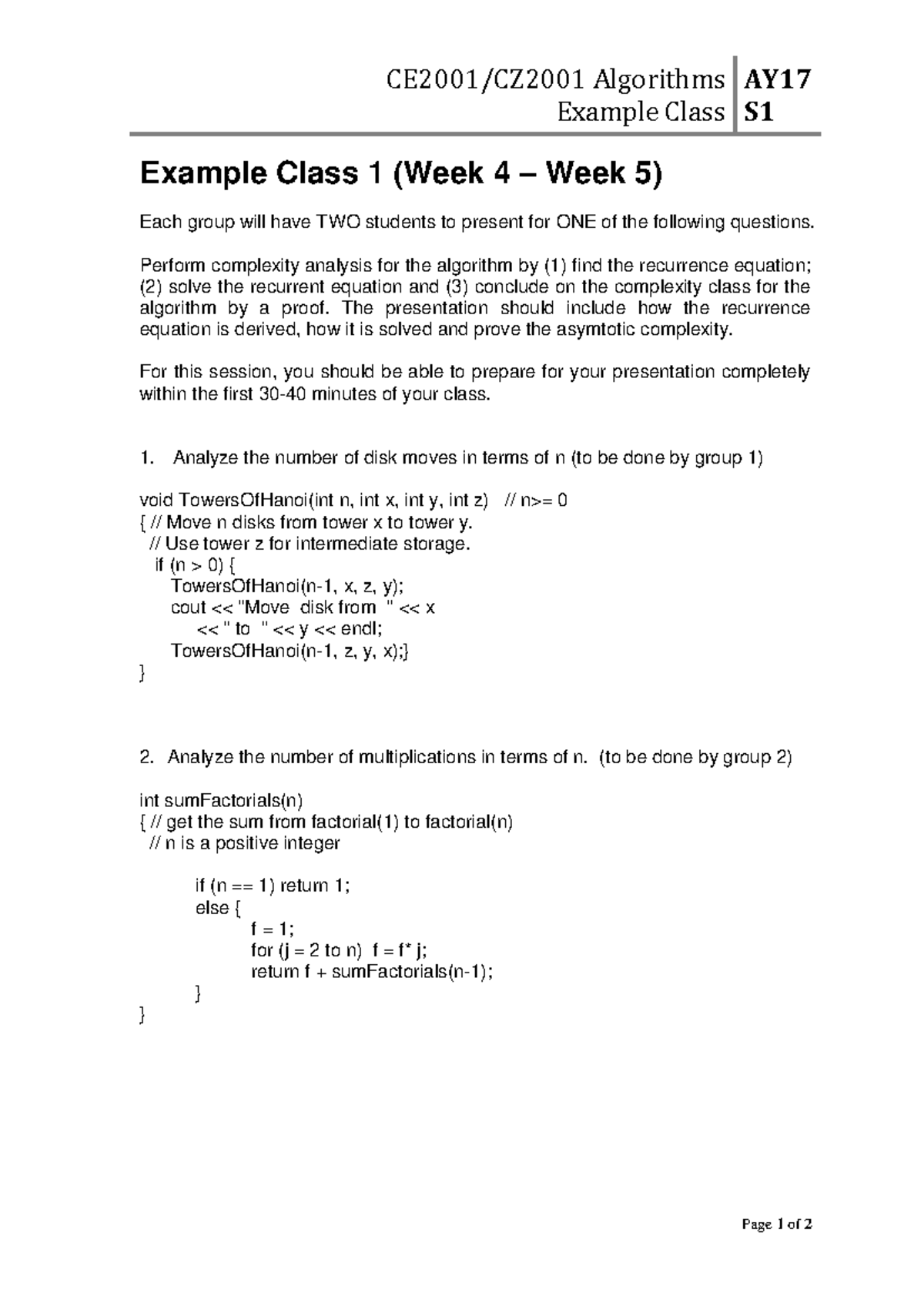 CX2001 AY17S1 Algorithms Example Class 1 (Weeks 4-5) Presentations ...