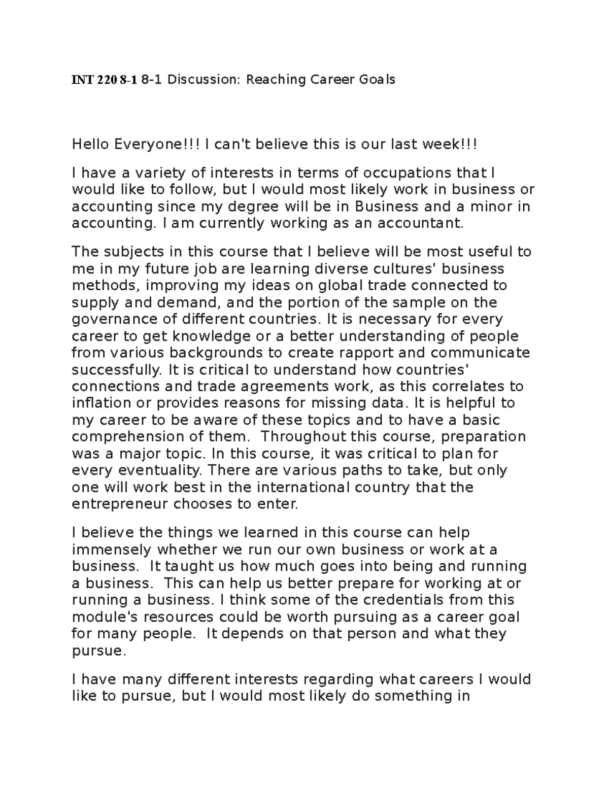 INT 220 8-1 Discussion: Exploring Pathways to Career Success - Studocu