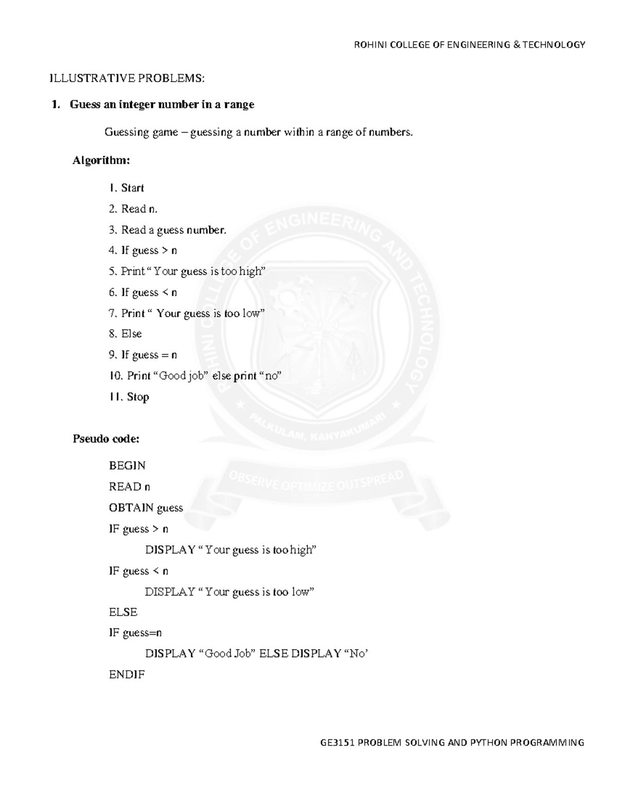 Illustrative program - question paper - ILLUSTRATIVE PROBLEMS: Guess an ...