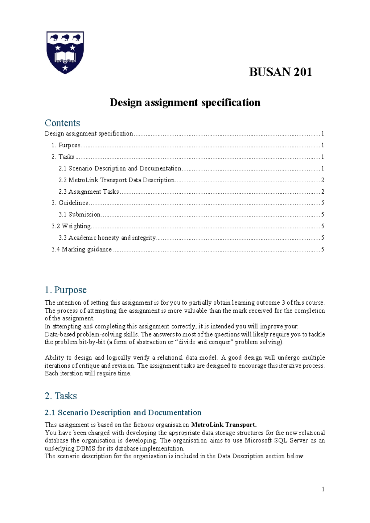 BUSAN 201 Design Assignment Specification for MetroLink Transport - Studocu