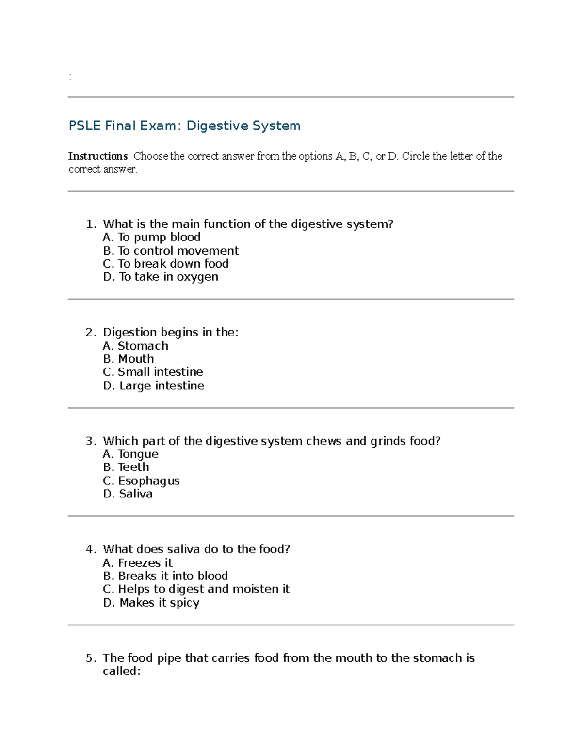 PSLE Final Exam: Digestive System Quiz Questions and Answers - Studocu