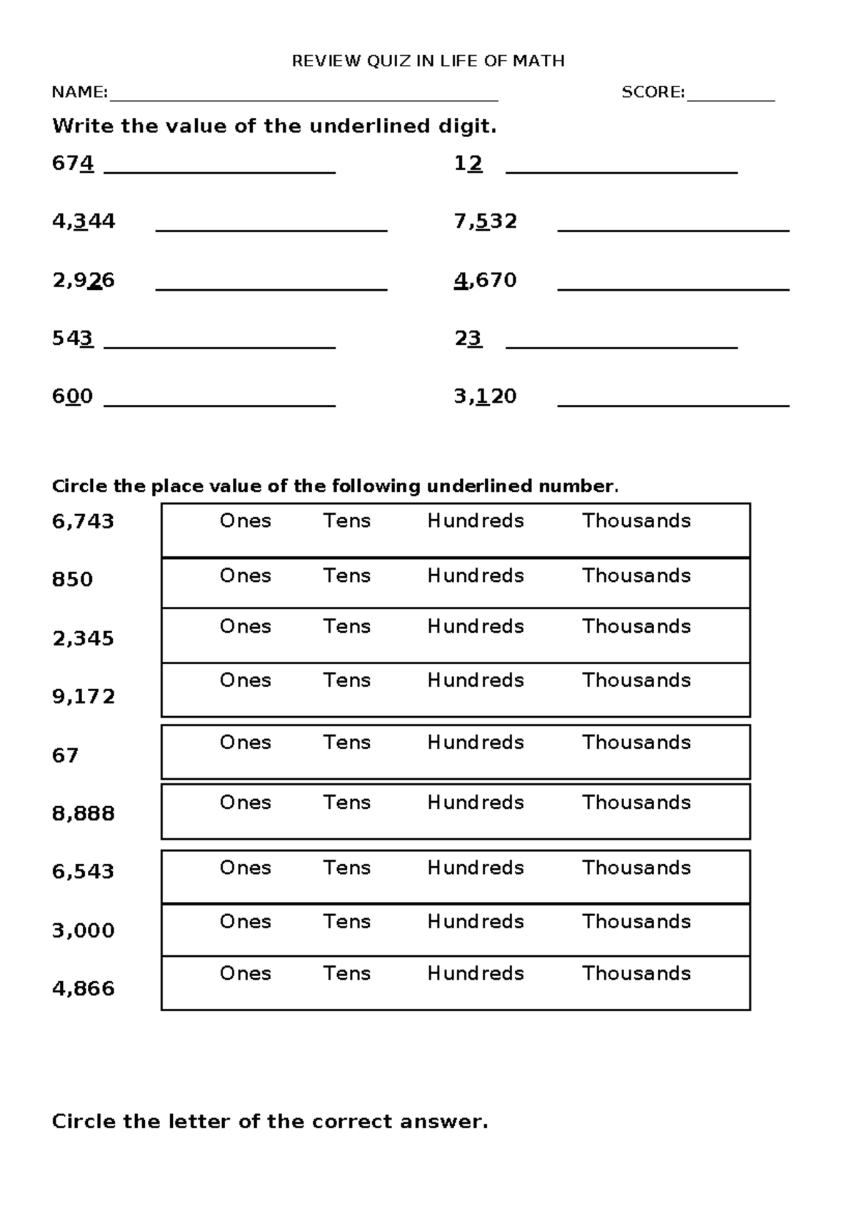 REVIEW QUIZ IN LIFE OF MATH: PLACE VALUE & NUMERALS - Studocu