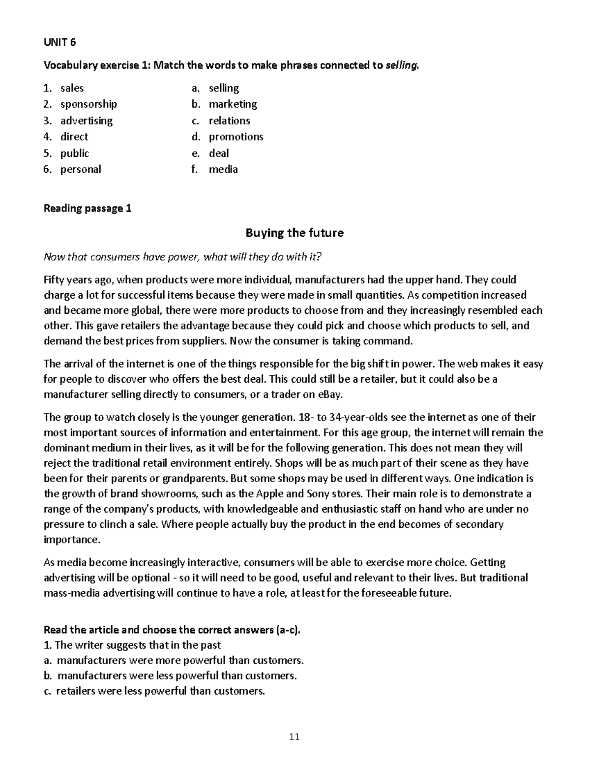 UNIT 6 Supplementary Exercises: Vocabulary & Reading Activities - Studocu