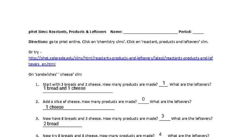 pHet Sims: Limiting Reactants and Product Calculations - Studocu