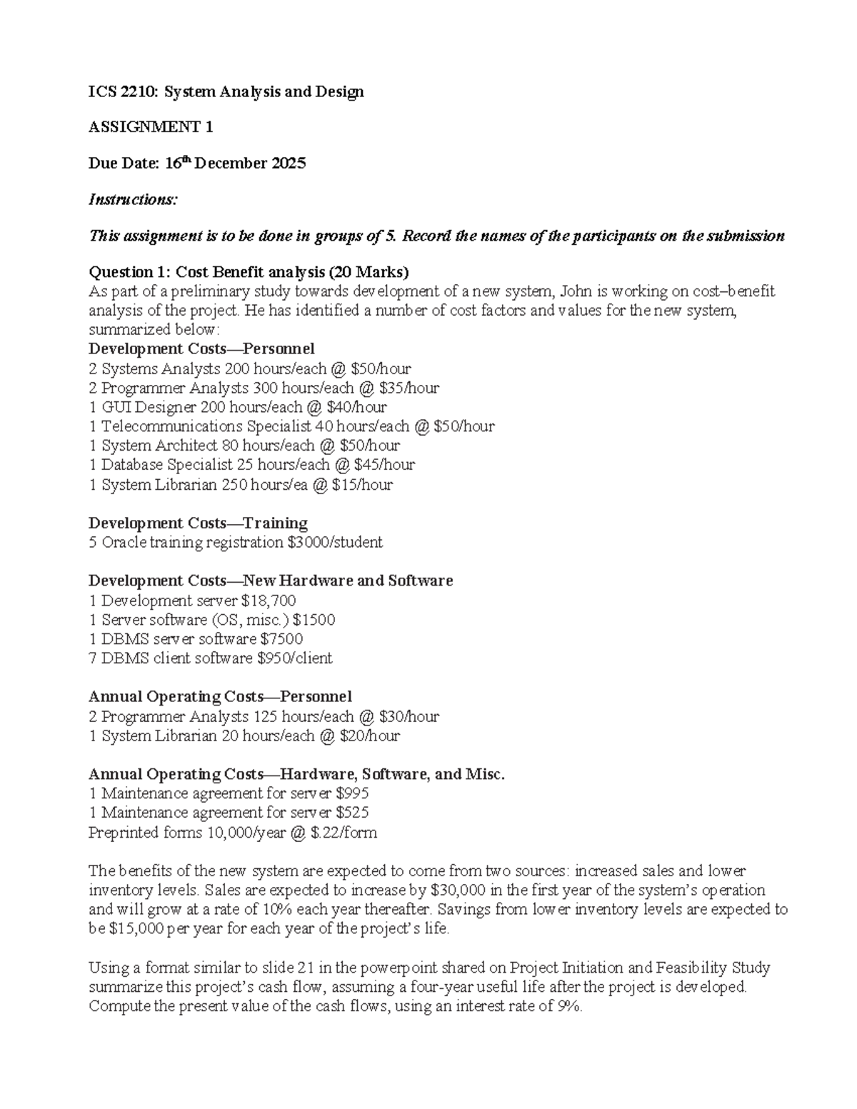 ICS 2210: System Analysis & Design - Assignment 1 Overview - Studocu