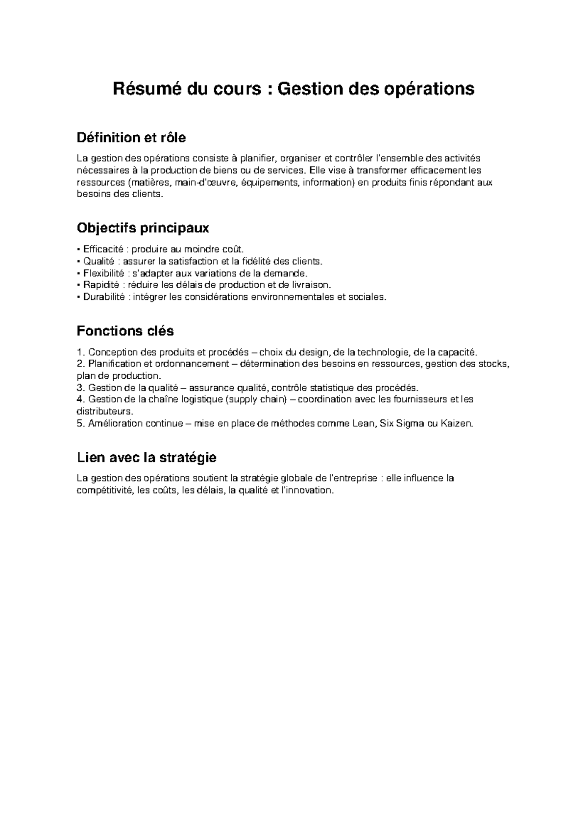 Résumé du cours : Gestion des opérations et ses enjeux - Studocu