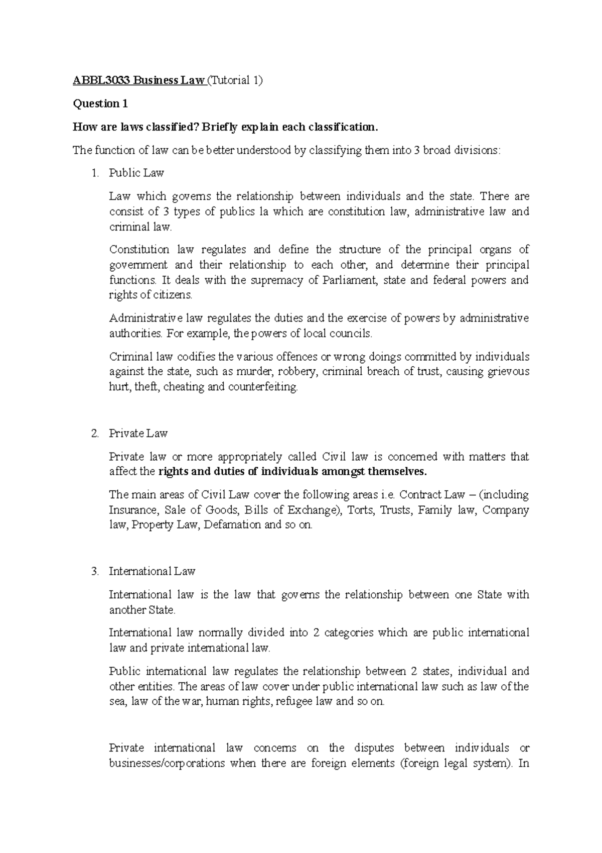 ABBL3033 Business Law Tutorial 1: Classification & Sources of Law - Studocu