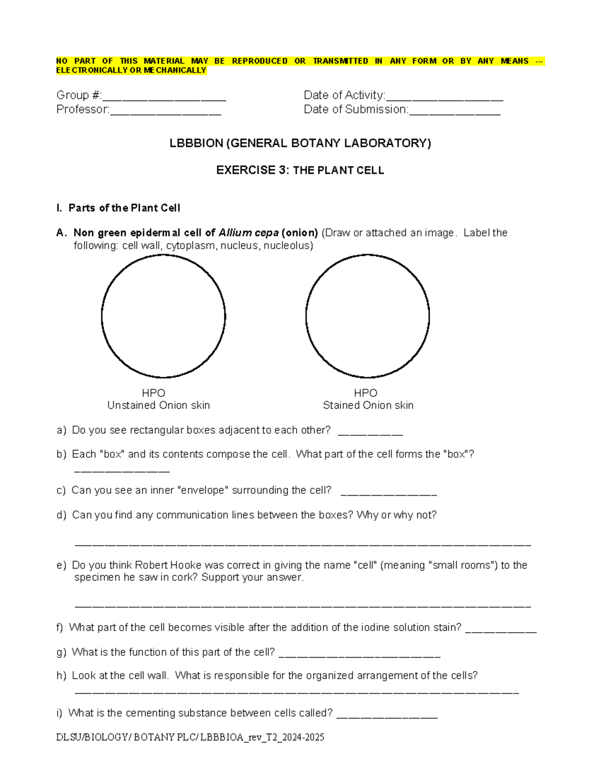 BOT 101: General Botany Lab Exercise 3 - The Plant Cell Analysis - Studocu
