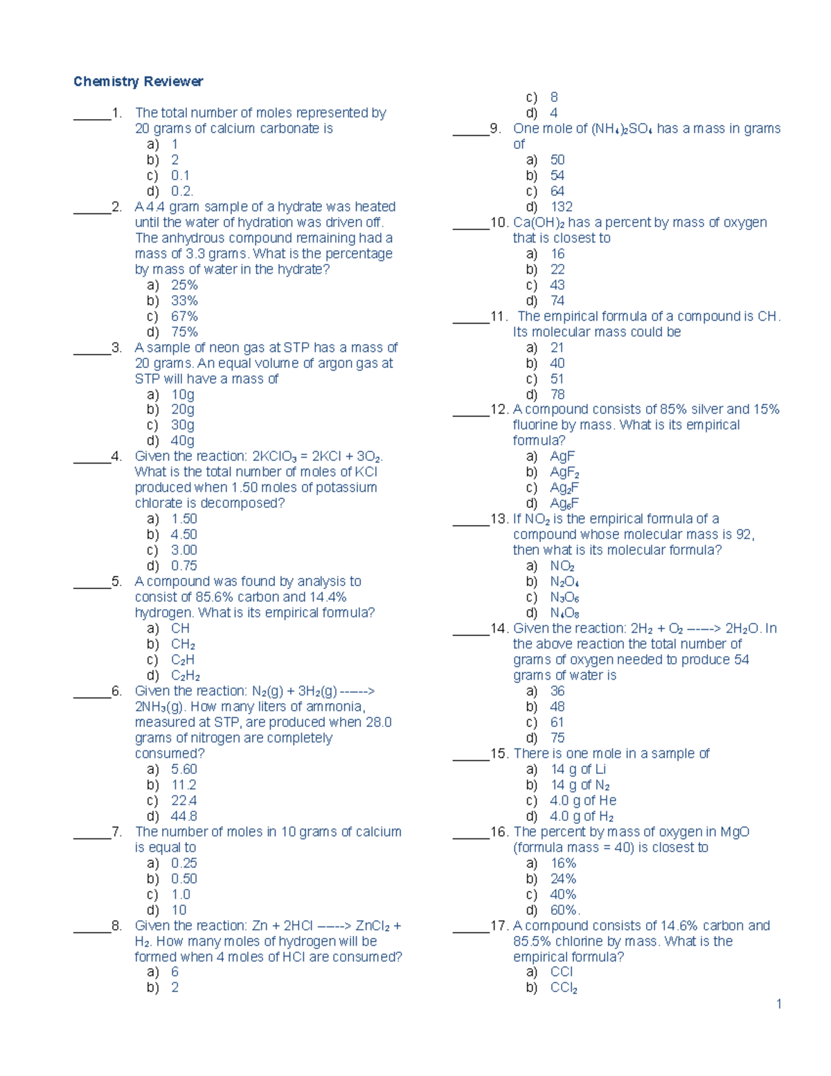Exam 2 February 2018, questions and answers - Chemistry Reviewer _____1 ...