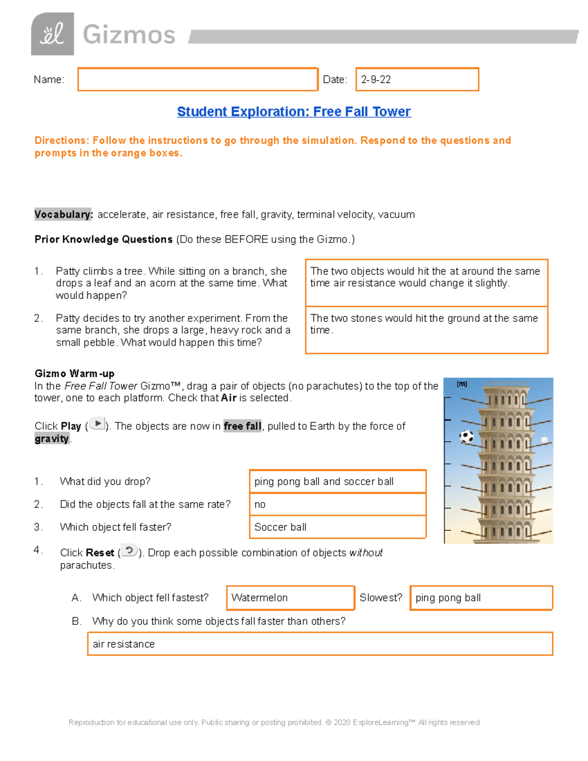 Free Fall Tower SE Gizmo Assignment: Student Exploration Guide - Studocu