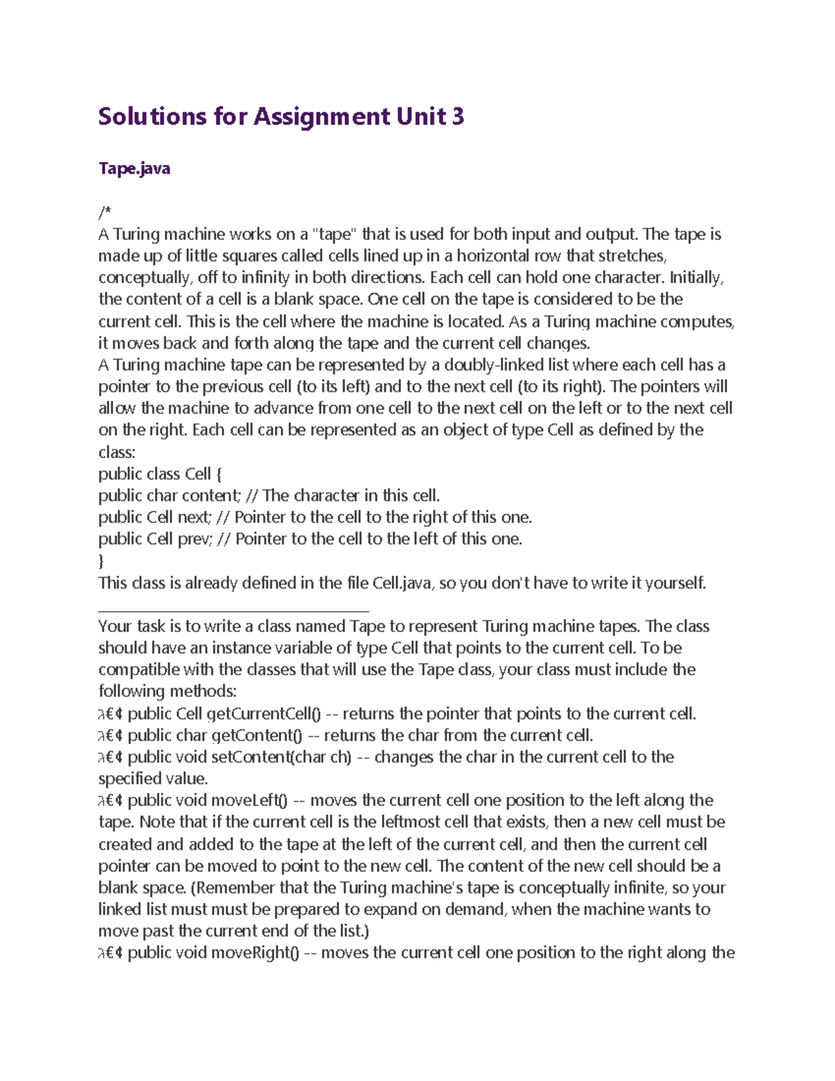 CS 1103 - Assignment Unit 3 - Solutions for Assignment Unit 3 Tape /* A ...