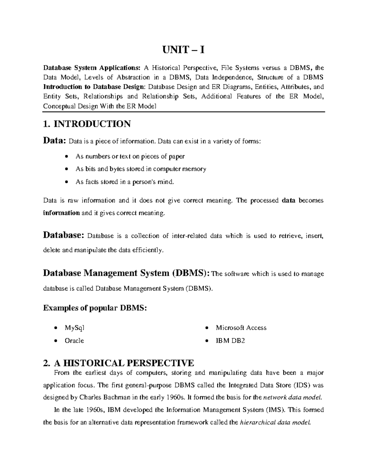 DBMS UNIT I: Historical Perspective & Database Design Concepts - Studocu