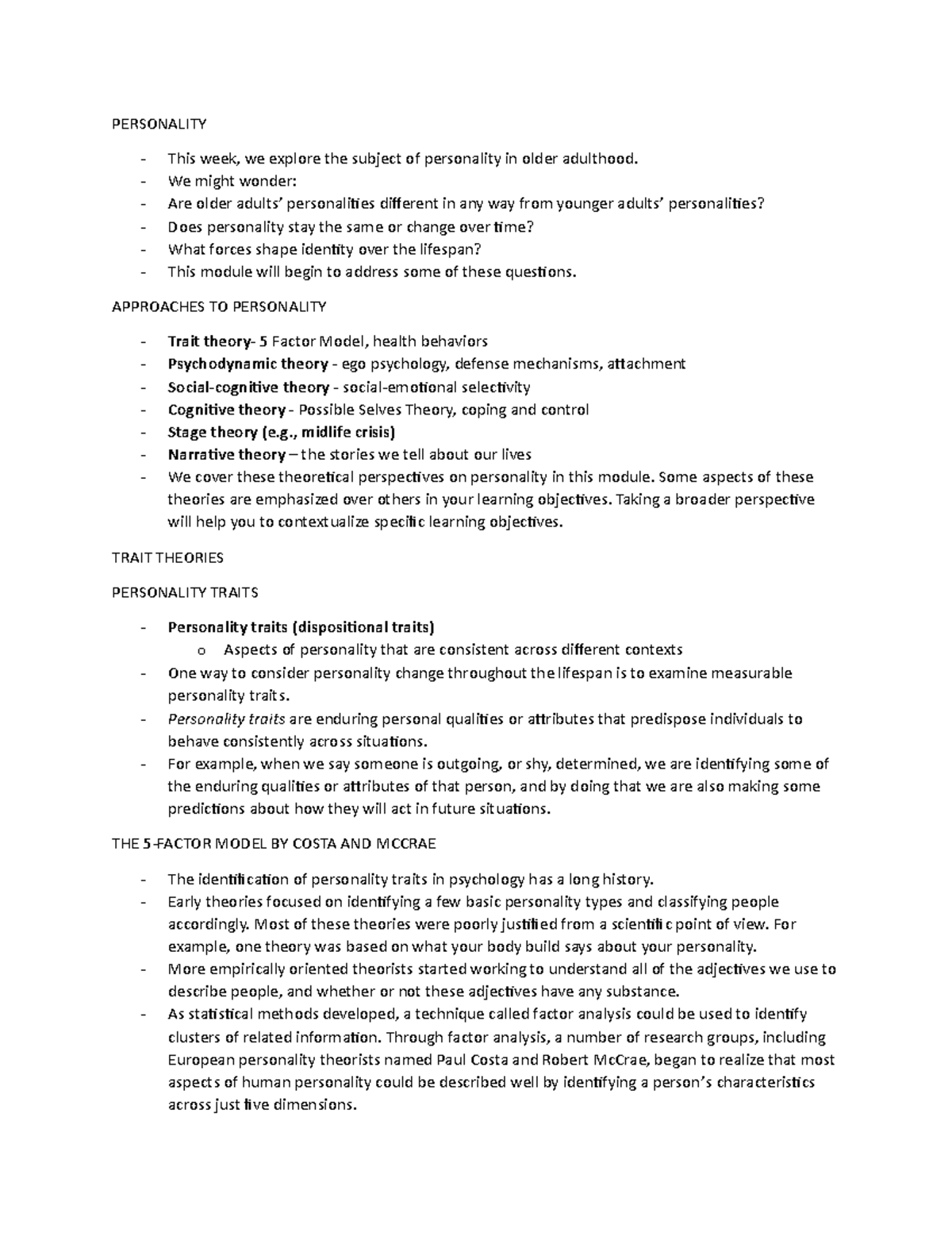 Module 7 - Lecture Notes on Personality and Aging - Studocu