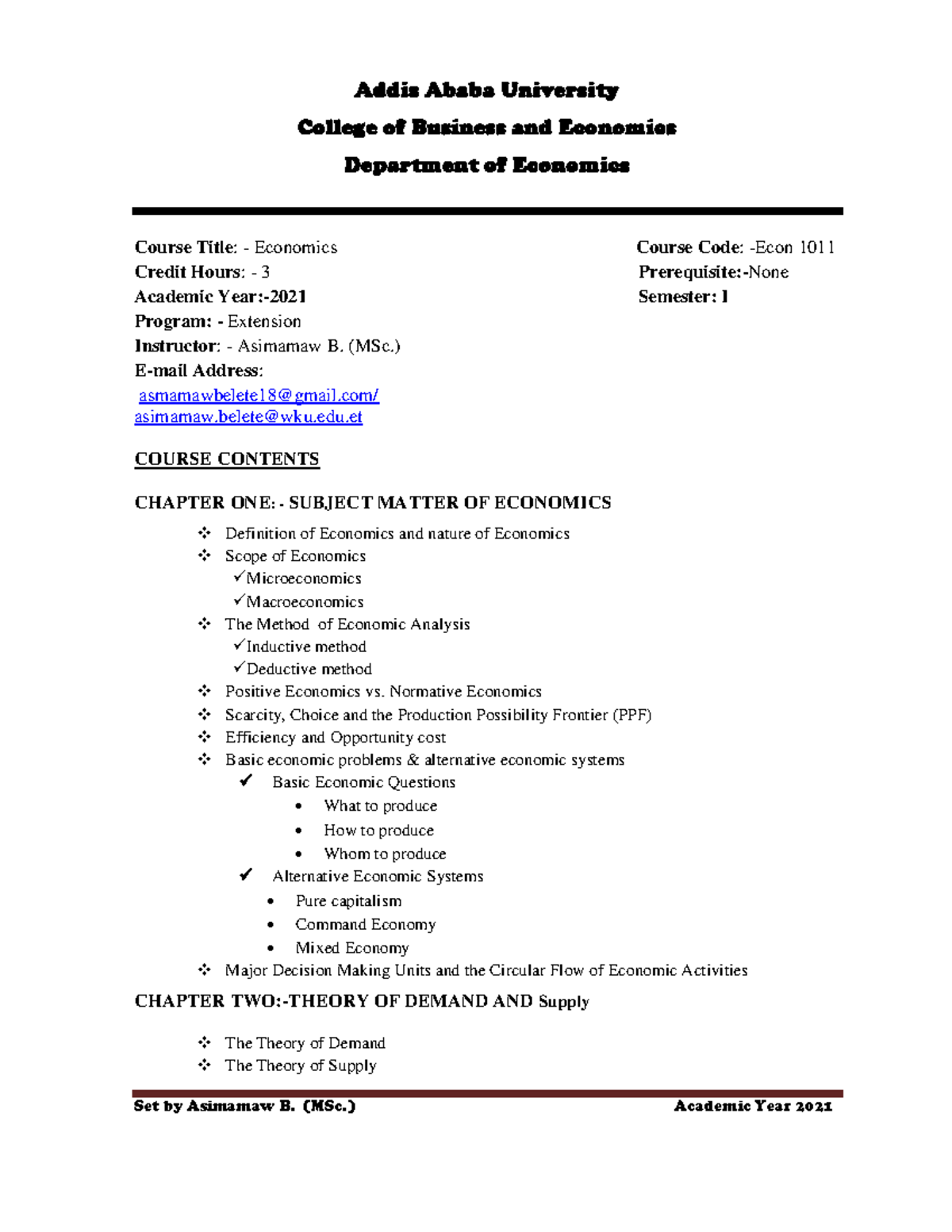 Introduction to Economics Course Outline - Addis Ababa University ...