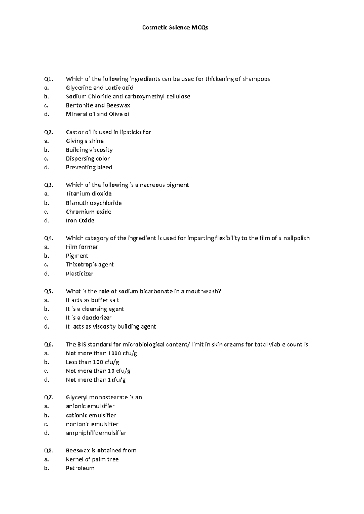 Cosmetic Science MCQs - Multiple Choice Questions with answers ...