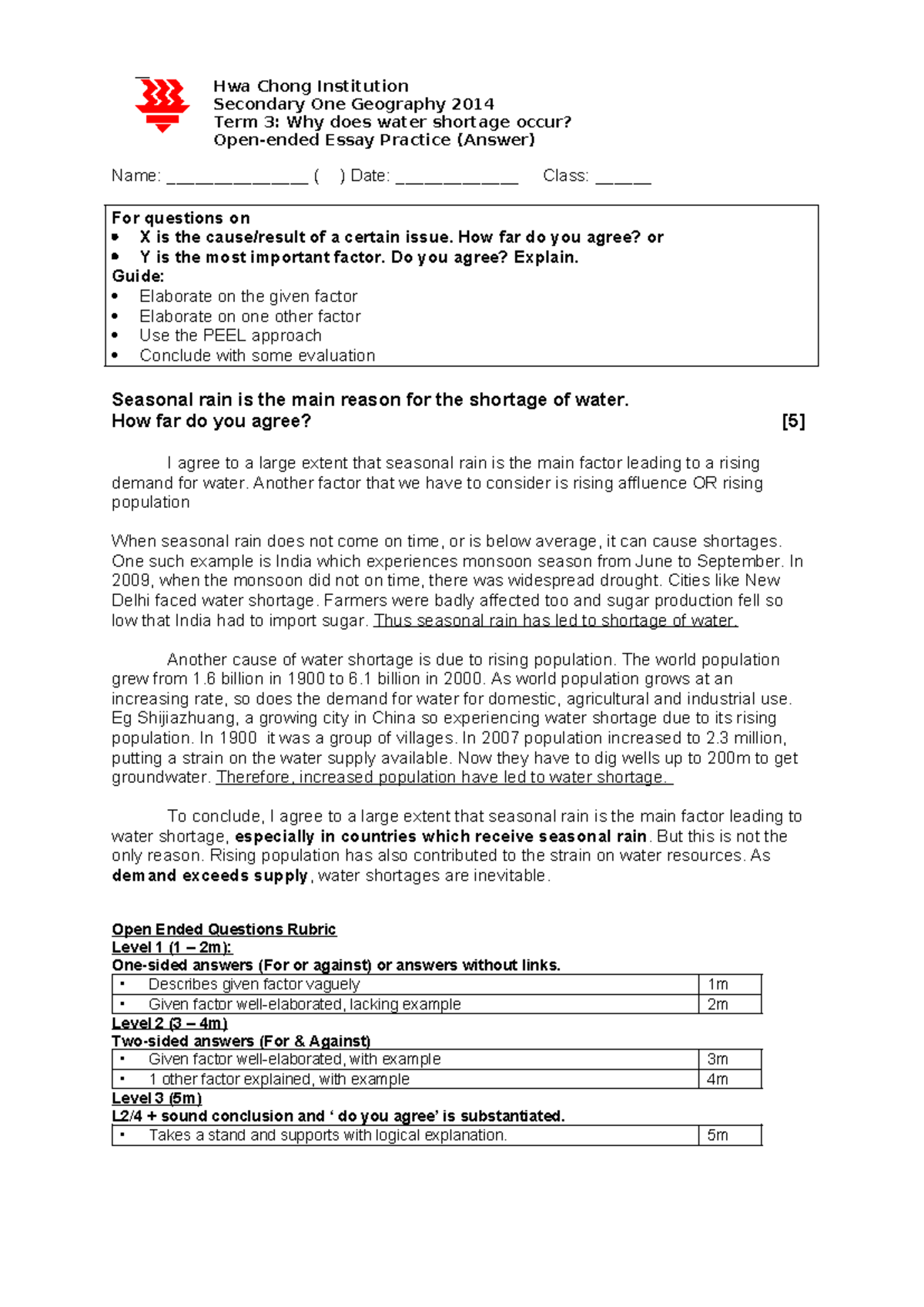 Geography Secondary 1 Term 3: Water Shortage Open-Ended Essay Sample ...