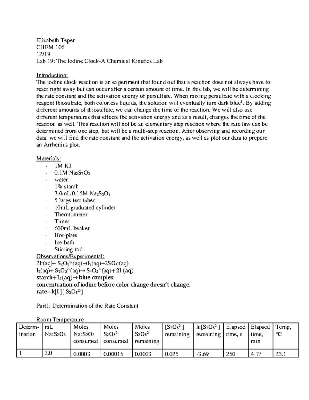Lab 19: Iodine Clock Reaction in CHEM 106 - Kinetics Study Notes - Studocu