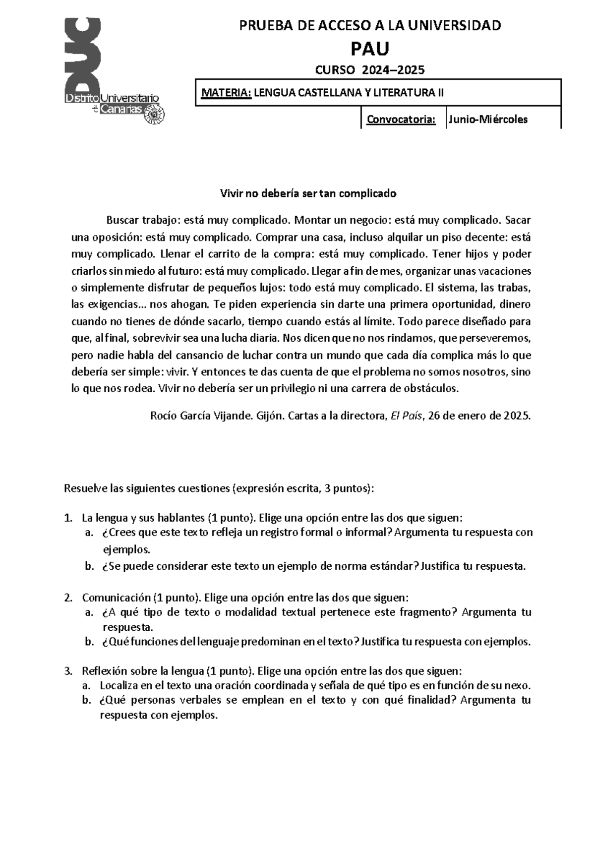 Examen PAU LCL Lengua Castellana y Literatura II - Junio 2025 - Studocu