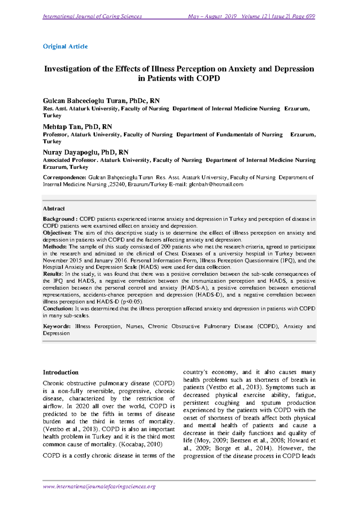 Effects of Illness Perception on Anxiety & Depression in COPD Patients ...