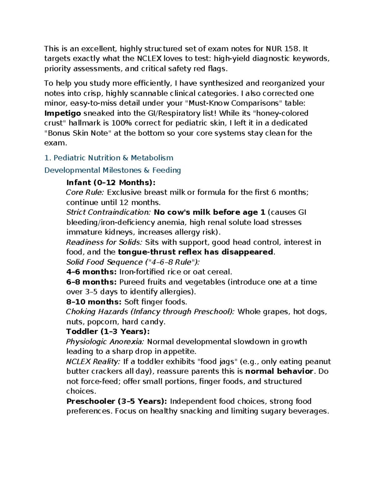 NUR 158 Final Exam Notes: Pediatric Nutrition & Key Concepts - Studocu