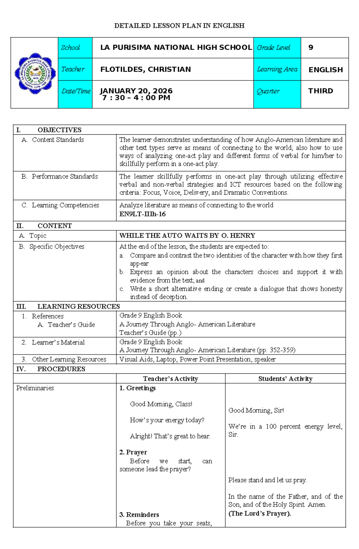 Lesson Plan for English I: "While the Auto Waits" (Grade 9) - Studocu