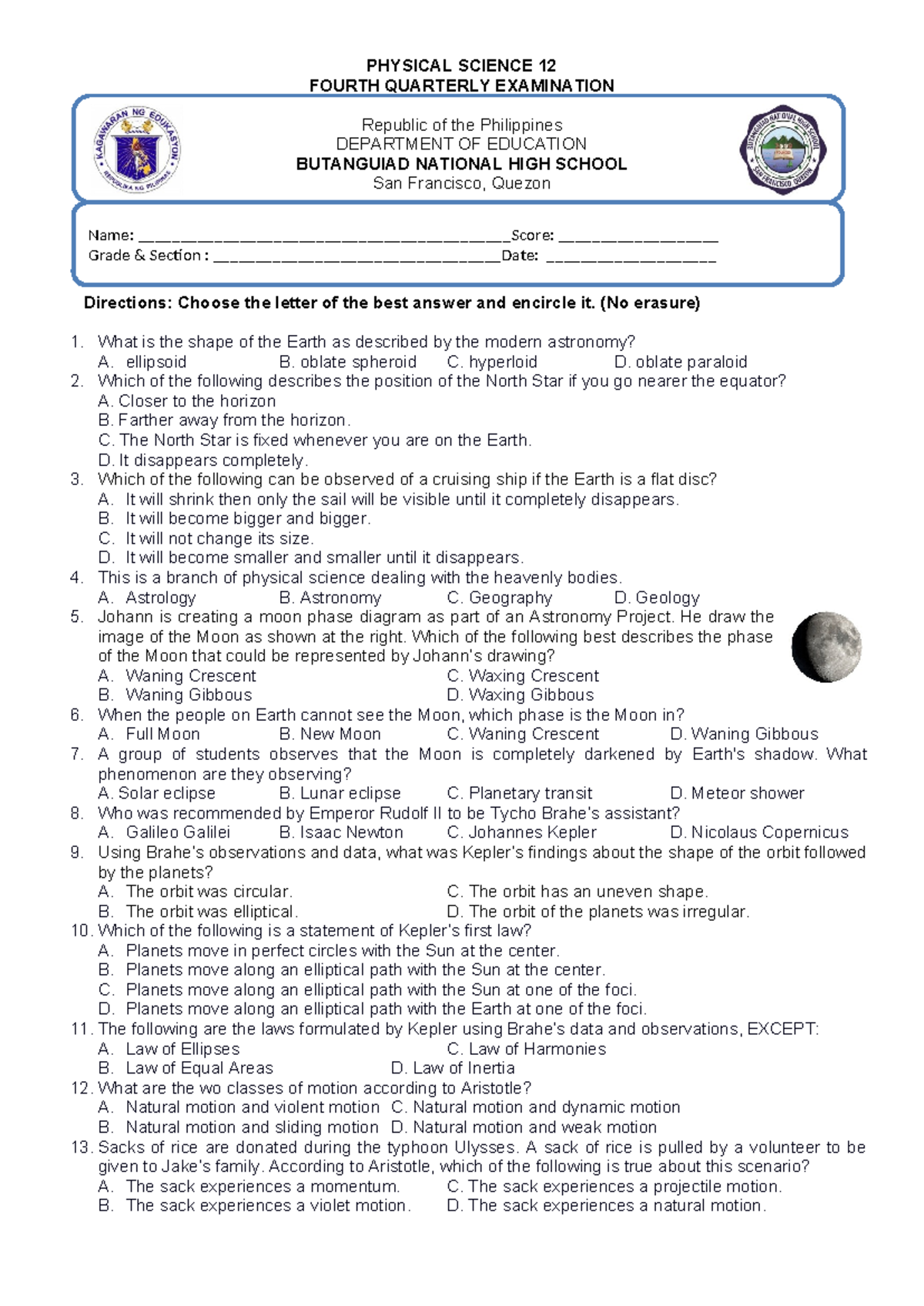 Physical Science 12 Fourth Quarterly Exam Review Guide - Studocu