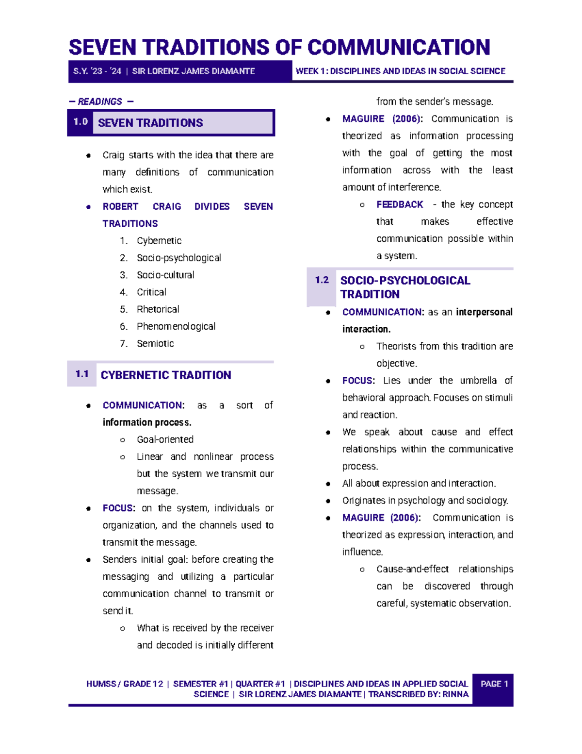 HUMSS GRADE 12: Seven Traditions of Communication - Week 1 Notes - Studocu